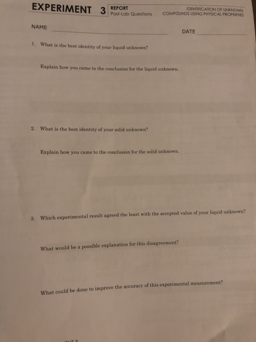 Solved EXPERIMENT sure IDENTIFICATION OF UNKNOWN COMPOUNDS | Chegg.com