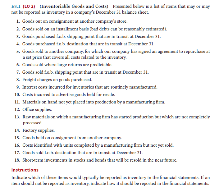 Solved E8.1 (LO 2) (Inventoriable Goods and Costs) Presented | Chegg.com