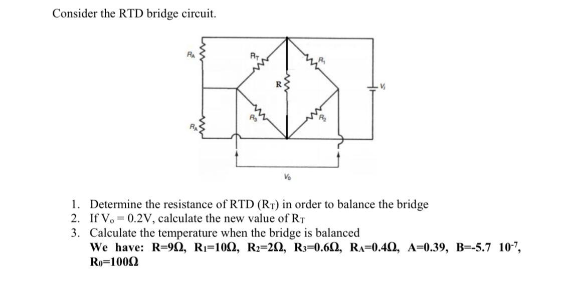 Solved Consider the RTD bridge circuit. RA V Fy R Vo 1. | Chegg.com