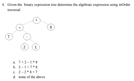 Solved 4. Given the binary expression tree determine the | Chegg.com