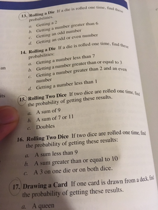 Solved Rolling a Die If a die is rolled one time, find these | Chegg.com