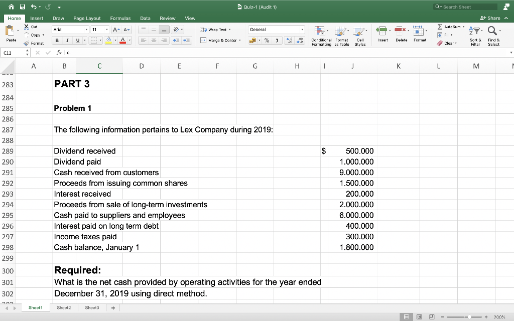 Solved Quiz-1 (Audit 1) Q- Search Sheet Home Insert Draw | Chegg.com