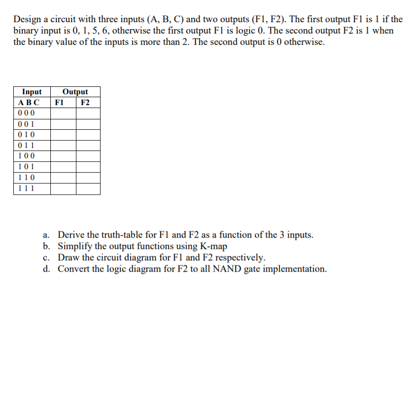 Solved Design a circuit with three inputs (A, B, C) and two | Chegg.com