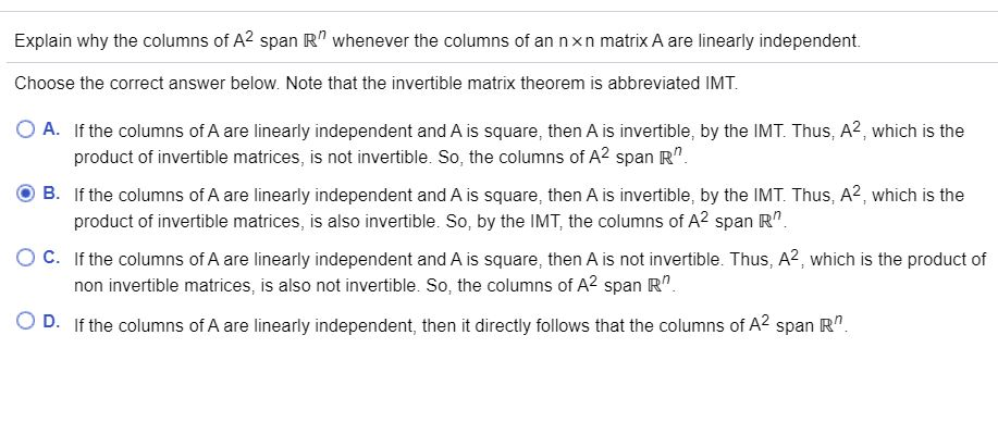 Solved Explain why the columns of A2 span R" whenever the | Chegg.com