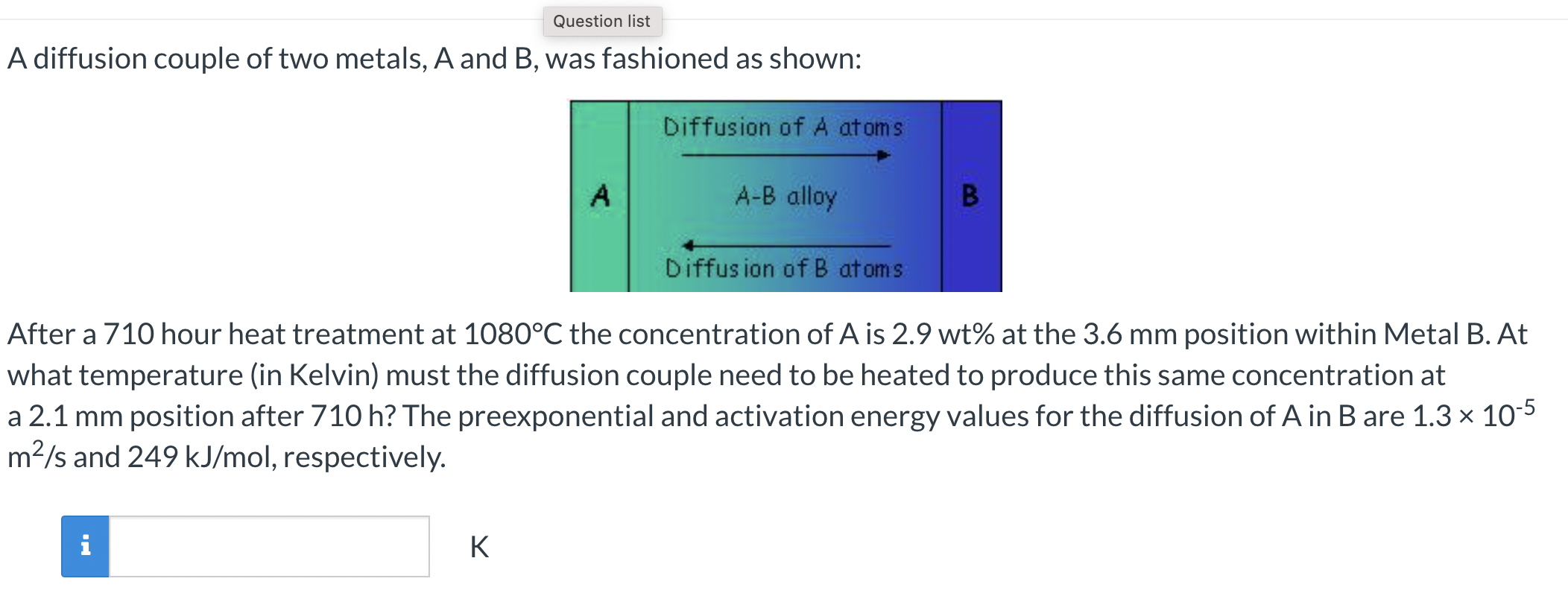 Solved A diffusion couple of two metals, A and B, was | Chegg.com