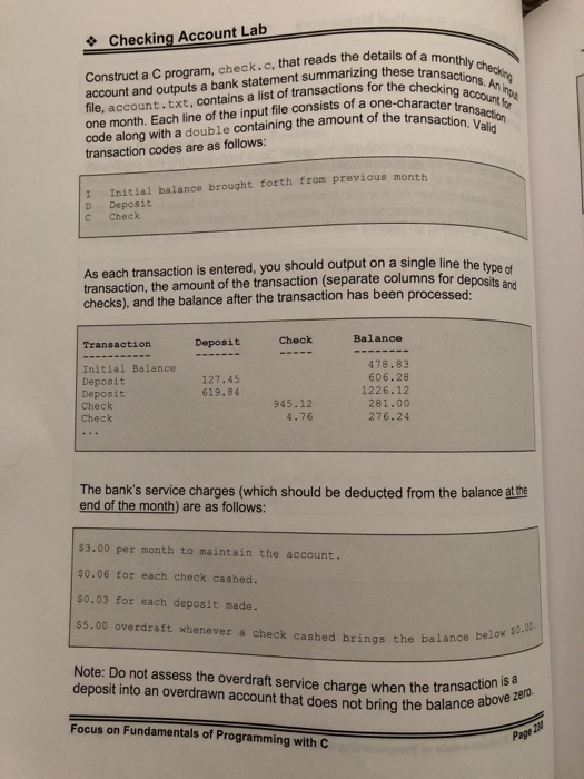 Checking Account Lab Construct a C program, check.c, | Chegg.com