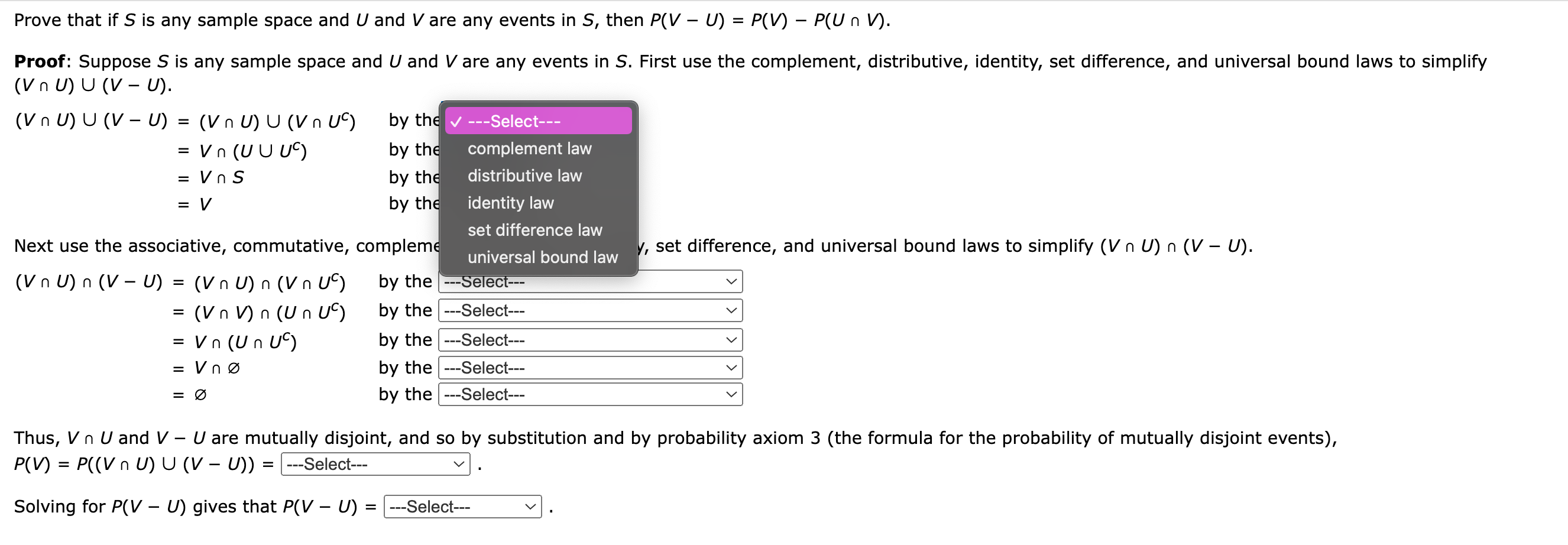 Solved Prove that if S is any sample space and U and V are | Chegg.com