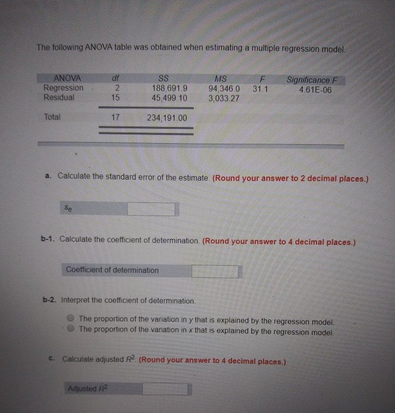 Solved The following ANOVA table was obtained when | Chegg.com