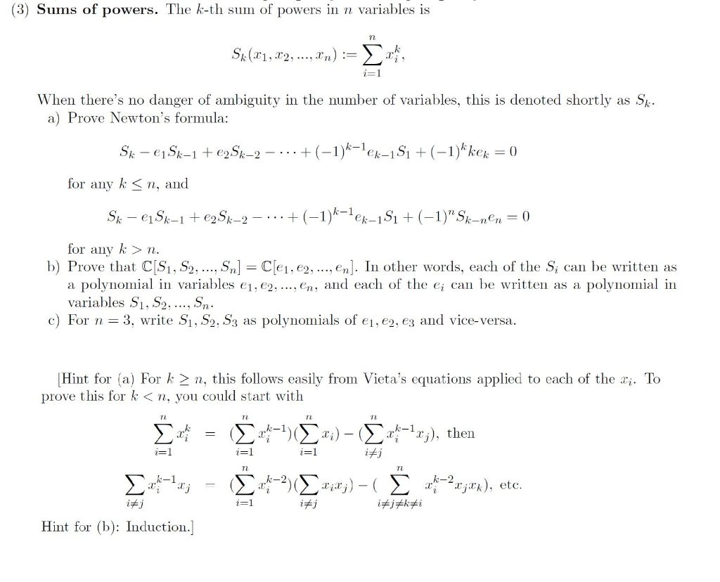 (3) Sums of powers. The k-th sum of powers in n | Chegg.com