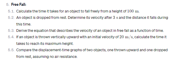 Solved Free Fall:5.1. ﻿Calculate the time it takes for an | Chegg.com