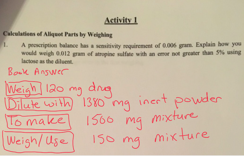 Solved Activity 1 Calculations of Aliquot Parts by Weighing | Chegg.com