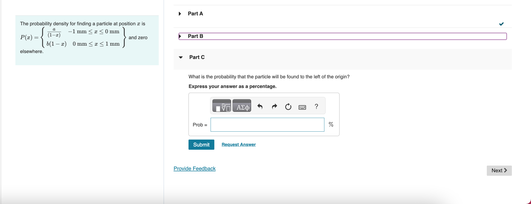 Solved The probability density for finding a particle at | Chegg.com