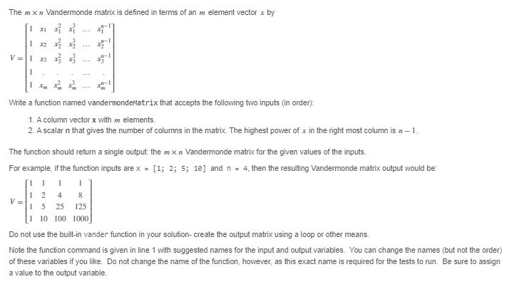 Solved The m×n Vandermonde matrix is defined in terms of an | Chegg.com
