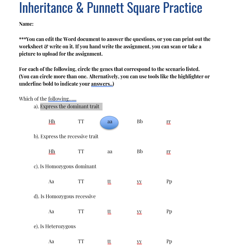Solved Inheritance & Punnett Square Practice Name: ***You | Chegg.com