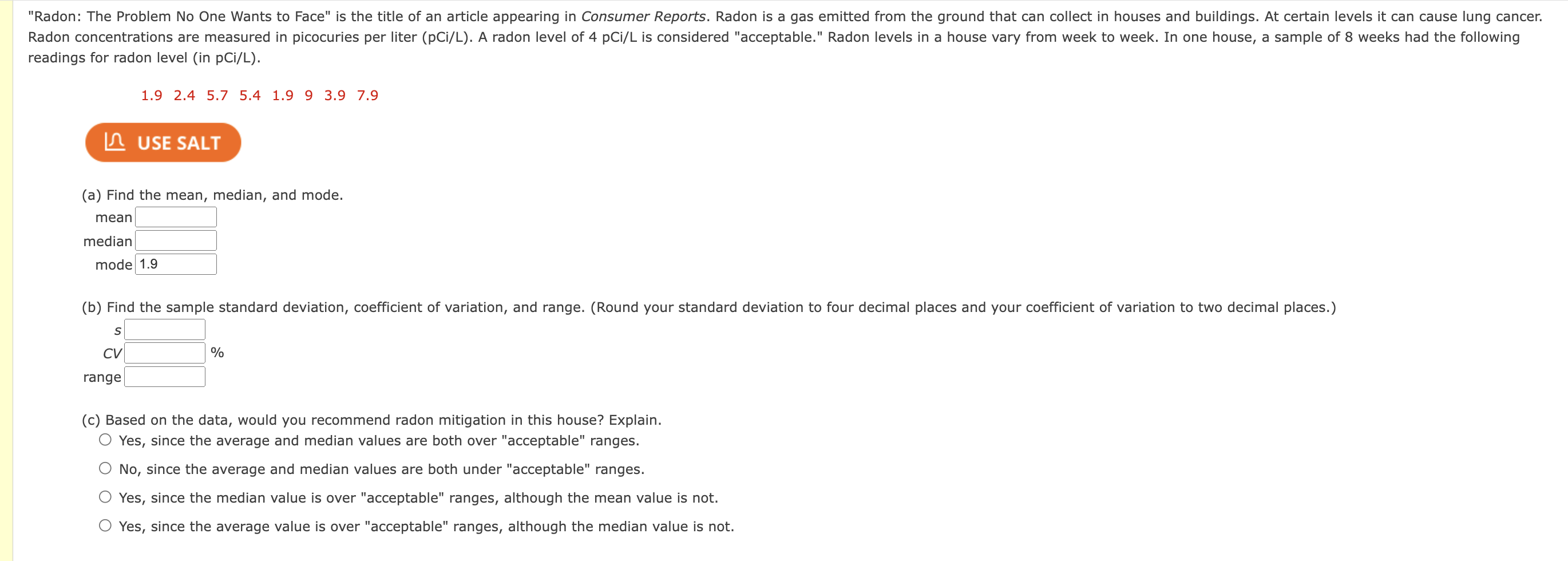 Solved eadings for radon level (in pCi/L ). | Chegg.com