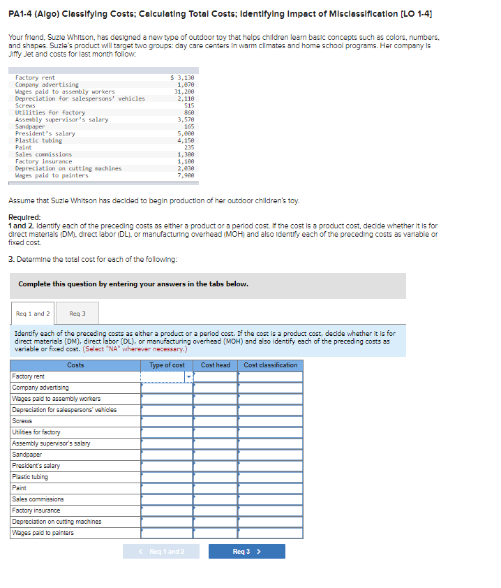 Solved PA1-4 (Algo) Classifying Costs; Calculating Total | Chegg.com