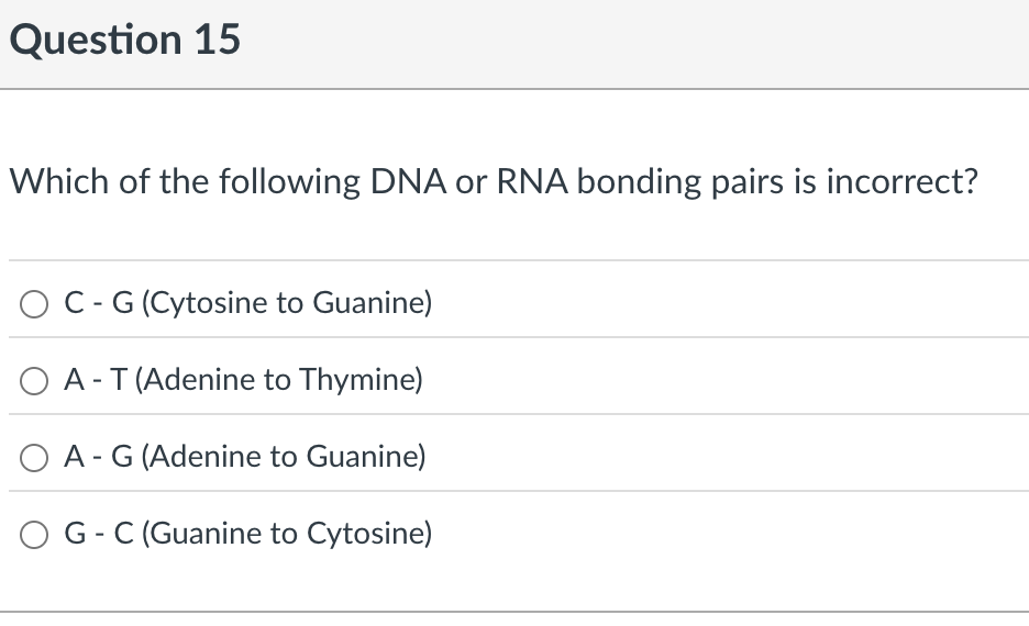 Solved Question 15Which of the following DNA or RNA bonding | Chegg.com Solved Question 15Which of the following DNA or RNA bonding | Chegg.com