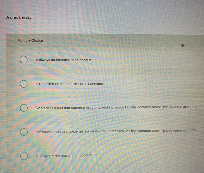 Solved A credit entry: Multiple Choice Is always an increase | Chegg.com