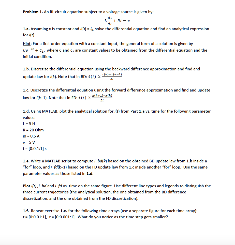 Solved dt Problem 1. An RL circuit equation subject to a | Chegg.com