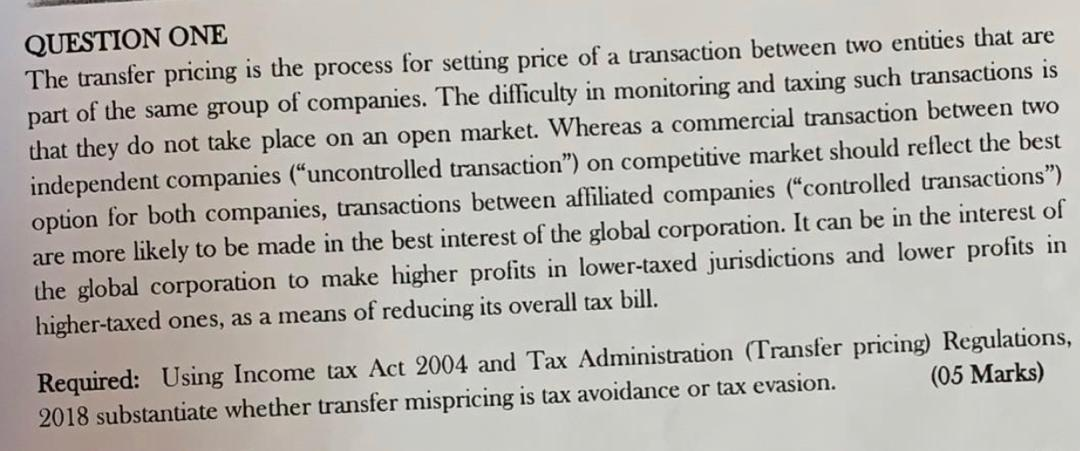 Solved QUESTION ONE The transfer pricing is the process for | Chegg.com