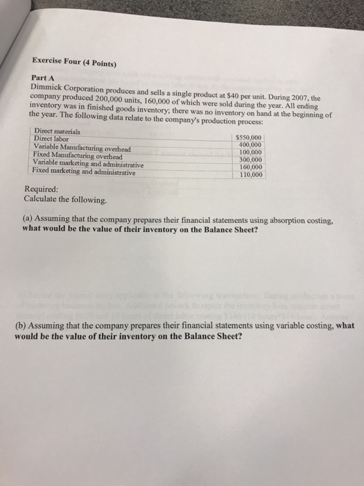 Solved Exercise Four (4 Points) Part A Dimmick Corporation | Chegg.com