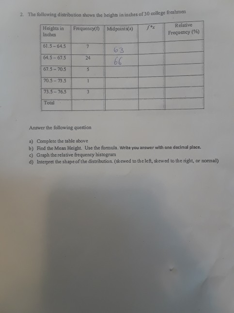 Solved 2. The following distribution shows the heights in | Chegg.com