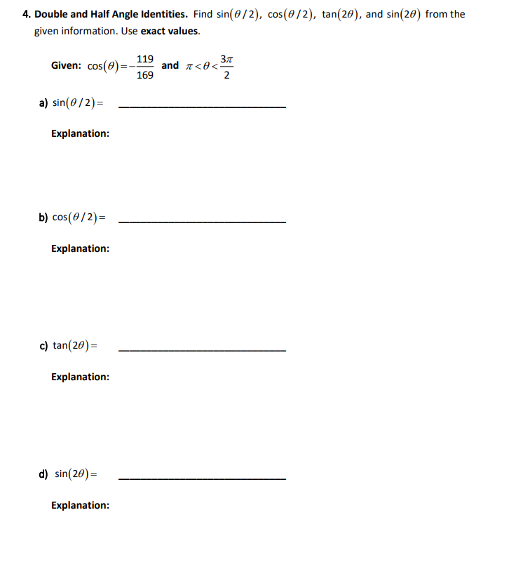 Solved Double and Half Angle Identities. Find | Chegg.com