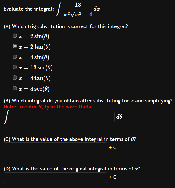 Solved Evaluate the integral: ∫x2x2+413dx (A) Which trig | Chegg.com