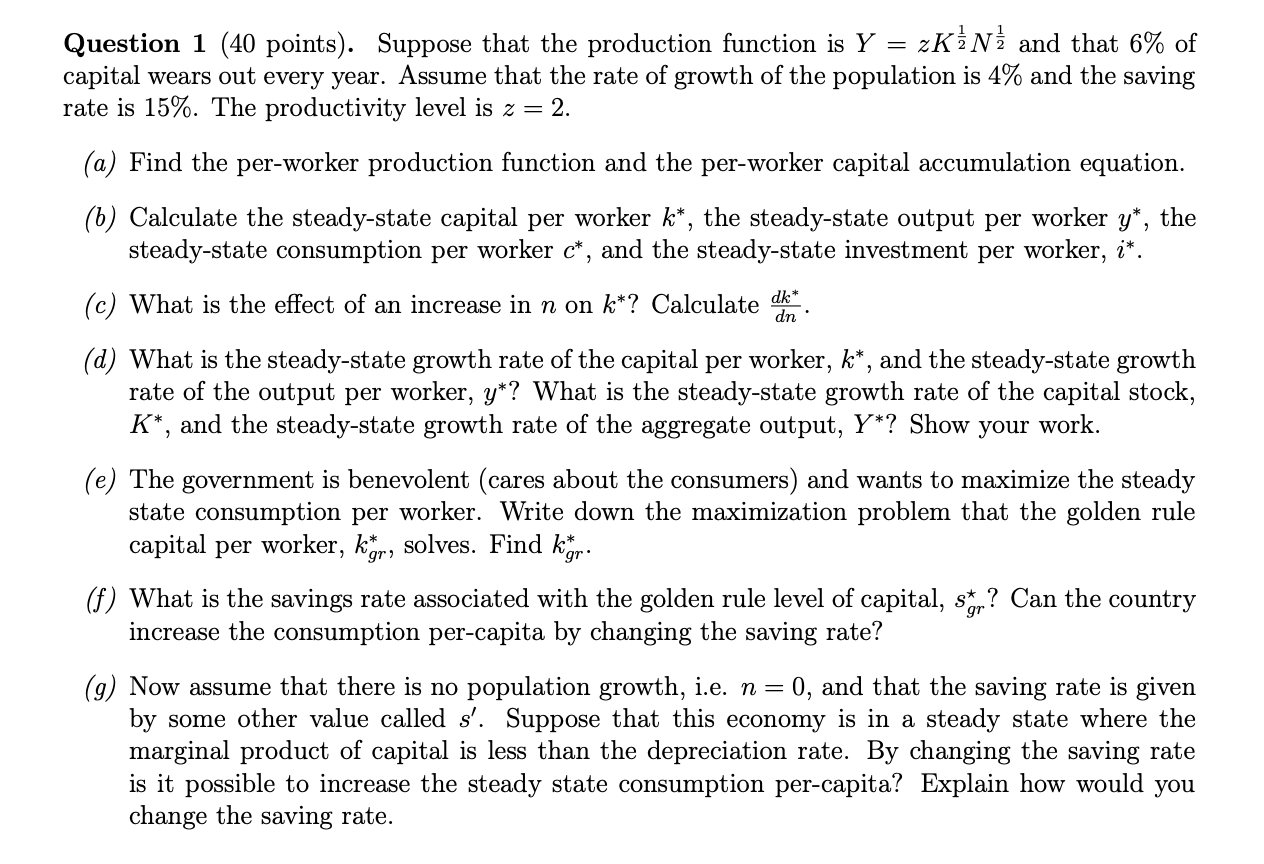 Solved Question 1 (40 points). Suppose that the production | Chegg.com