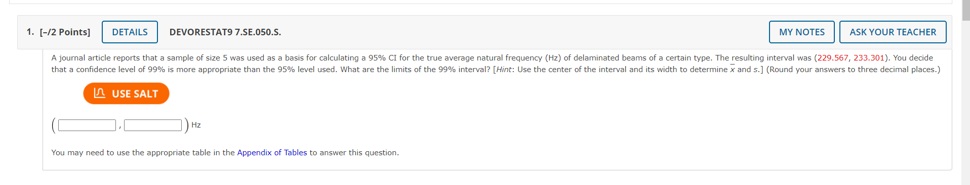 Solved 1. [-/2 Points] DEVORESTAT9 7.SE.050.S. ()Hz You may | Chegg.com