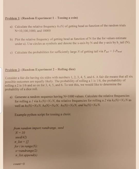 Solved Problem 1: (Random Experiment 1 - Tossing a coin) (N) | Chegg.com