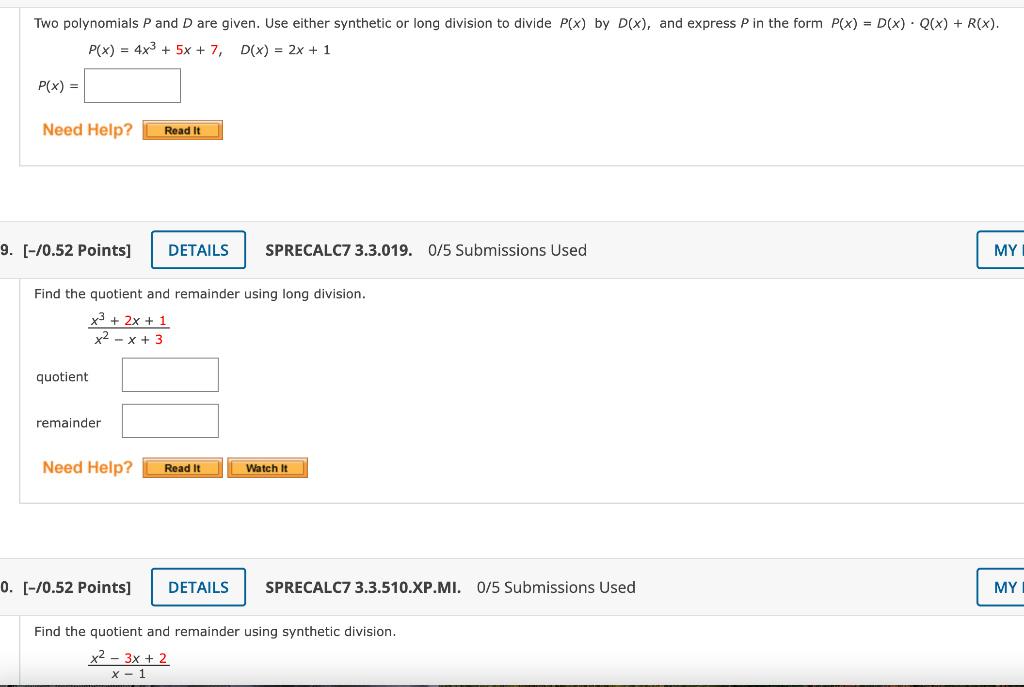 Solved Two polynomials P and D are given. Use either | Chegg.com