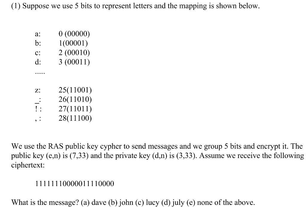 Solved (1) Suppose we use 5 bits to represent letters and | Chegg.com