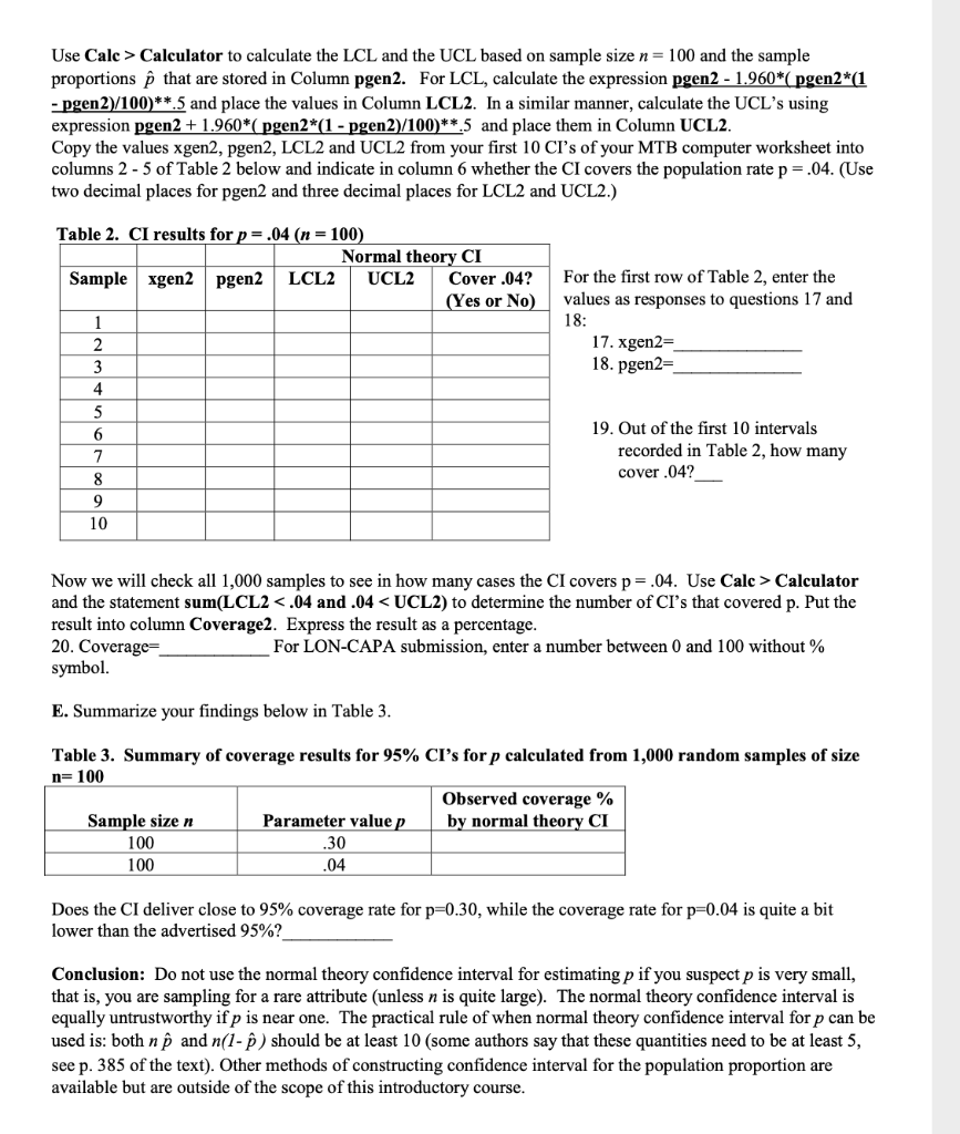 Solved Use Calc > Calculator to calculate the LCL and the | Chegg.com