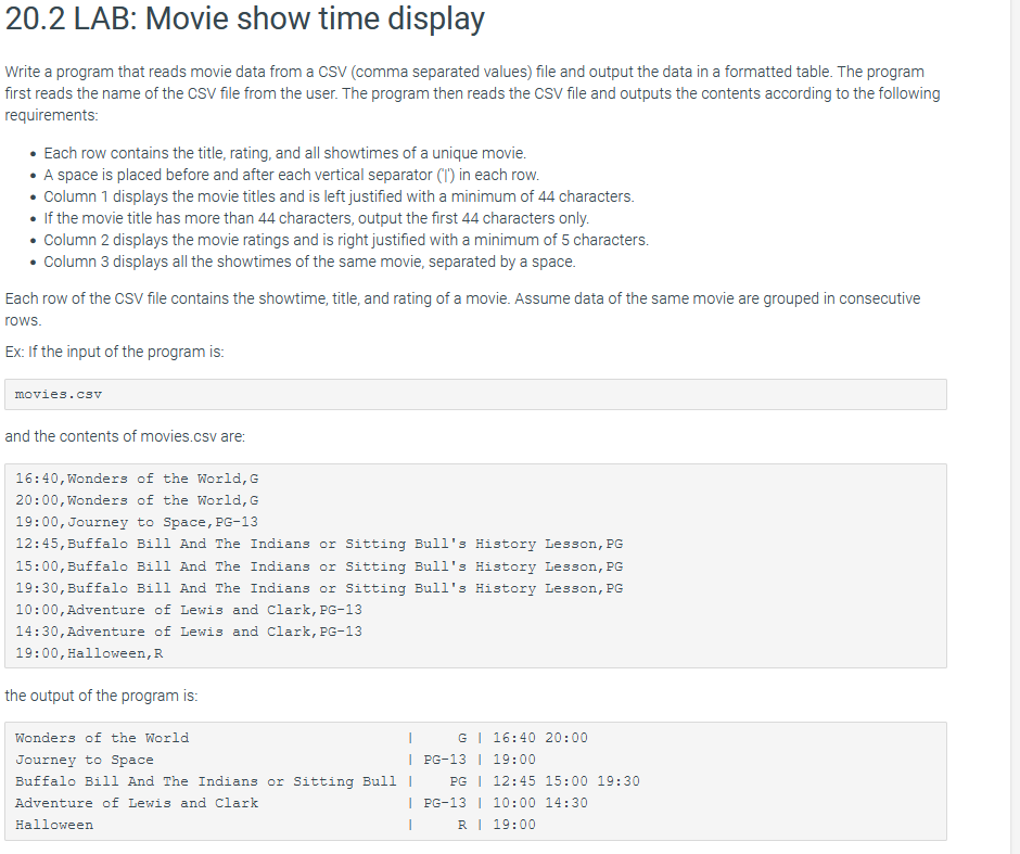 Solved 20.2 LAB: Movie show time display : Write a program | Chegg.com