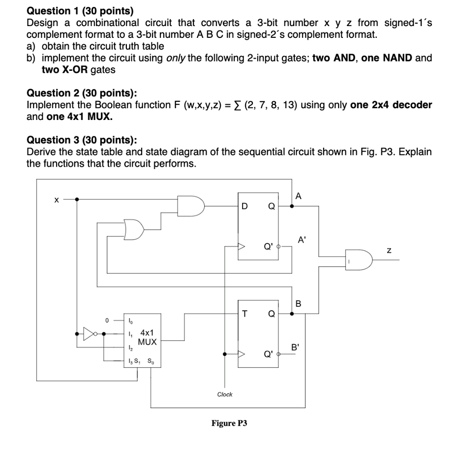 Solved Question 1 (30 points) Design a combinational circuit | Chegg.com