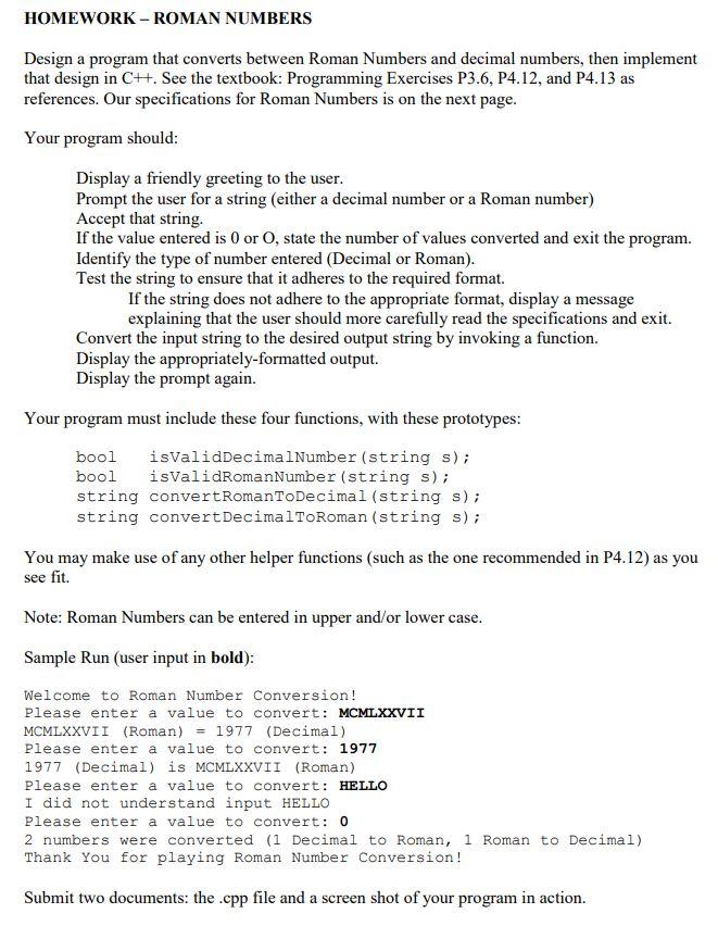 Solved HOMEWORK - ROMAN NUMBERS Design a program that | Chegg.com