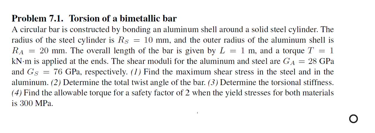 Solved Problem 7.1. Torsion of a bimetallic bar A circular | Chegg.com