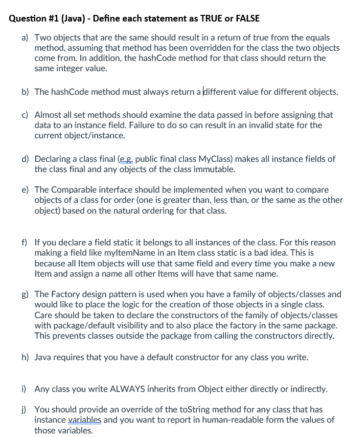 Solved Question \#1 (Java) - Define each statement as TRUE | Chegg.com