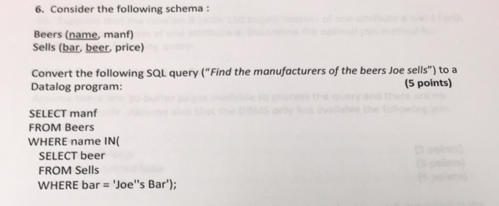 Solved 6. Consider the following schema: Beers (name, manf) | Chegg.com