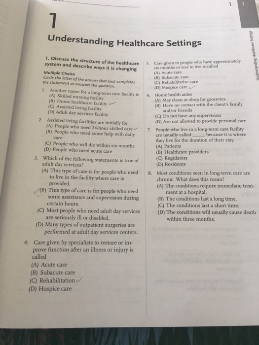 Solved Understanding Healthcare Settings nddscribeture of | Chegg.com