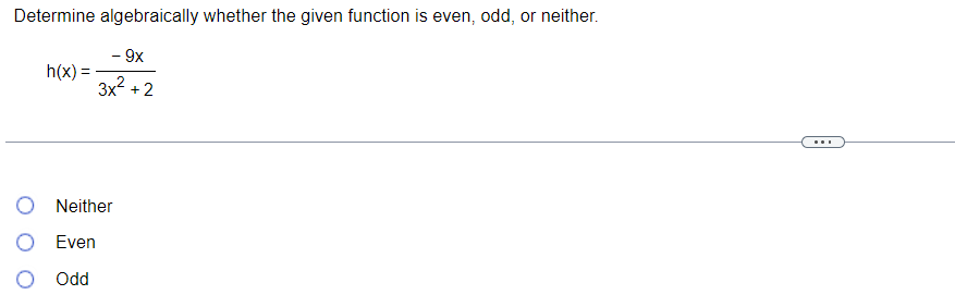 Solved Determine algebraically whether the given function is | Chegg.com Solved Determine algebraically whether the given function is | Chegg.com