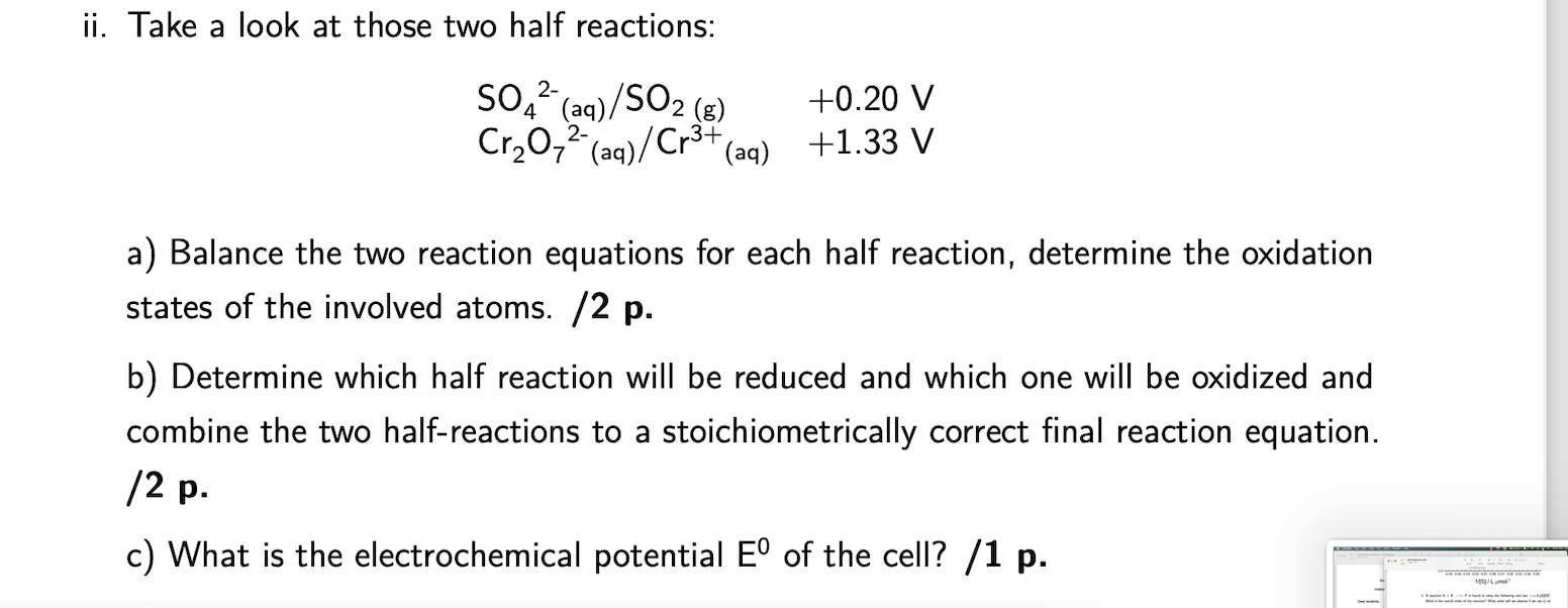 Solved ii. Take a look at those two half reactions: +0.20 V | Chegg.com