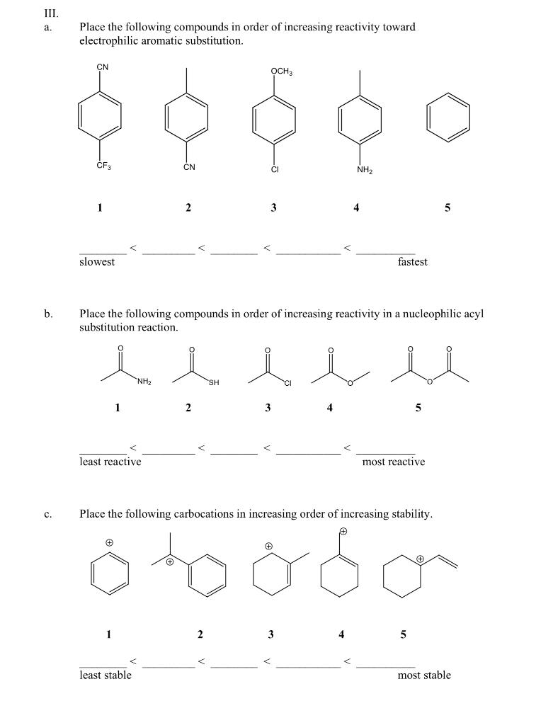 Solved III a. Place the following compounds in order of | Chegg.com