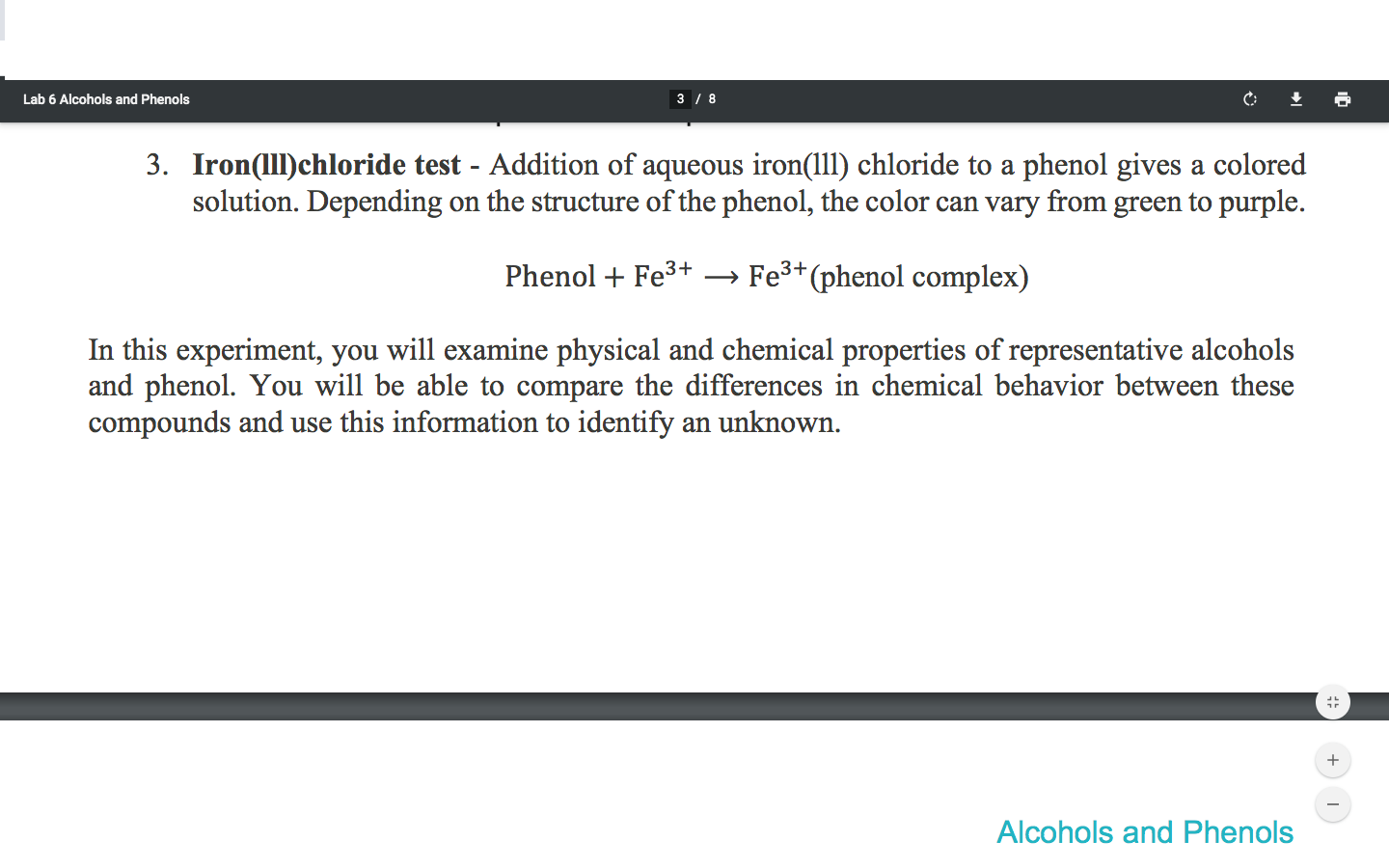 Solved Lab 6 Alcohols and Phenols 3 / 8 3. Iron(lll)chloride | Chegg.com