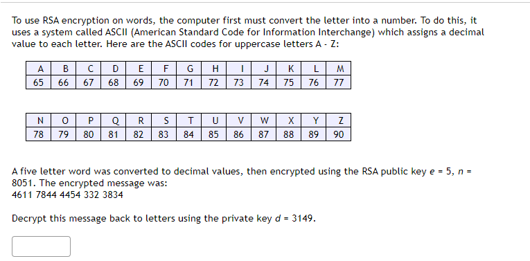 Solved To use RSA encryption on words, the computer first | Chegg.com