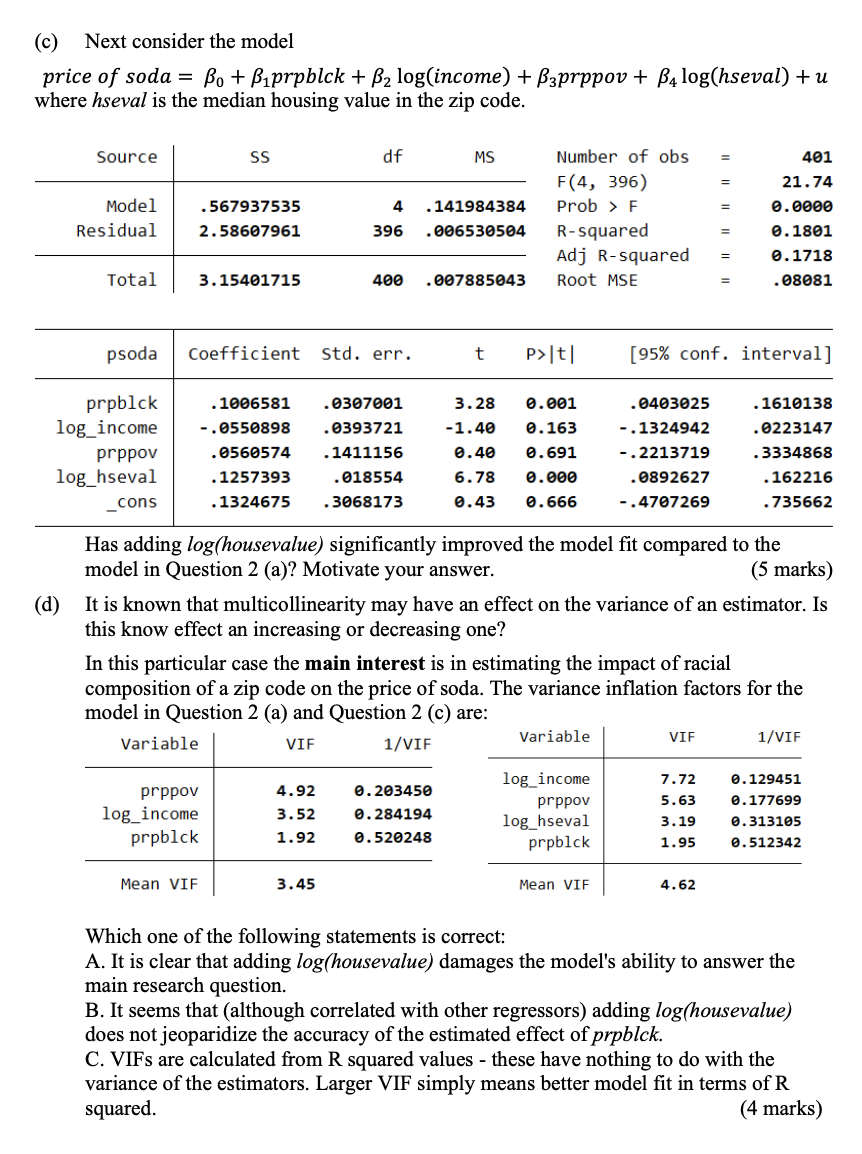 OUESTION 2 Consider the following model: price of | Chegg.com