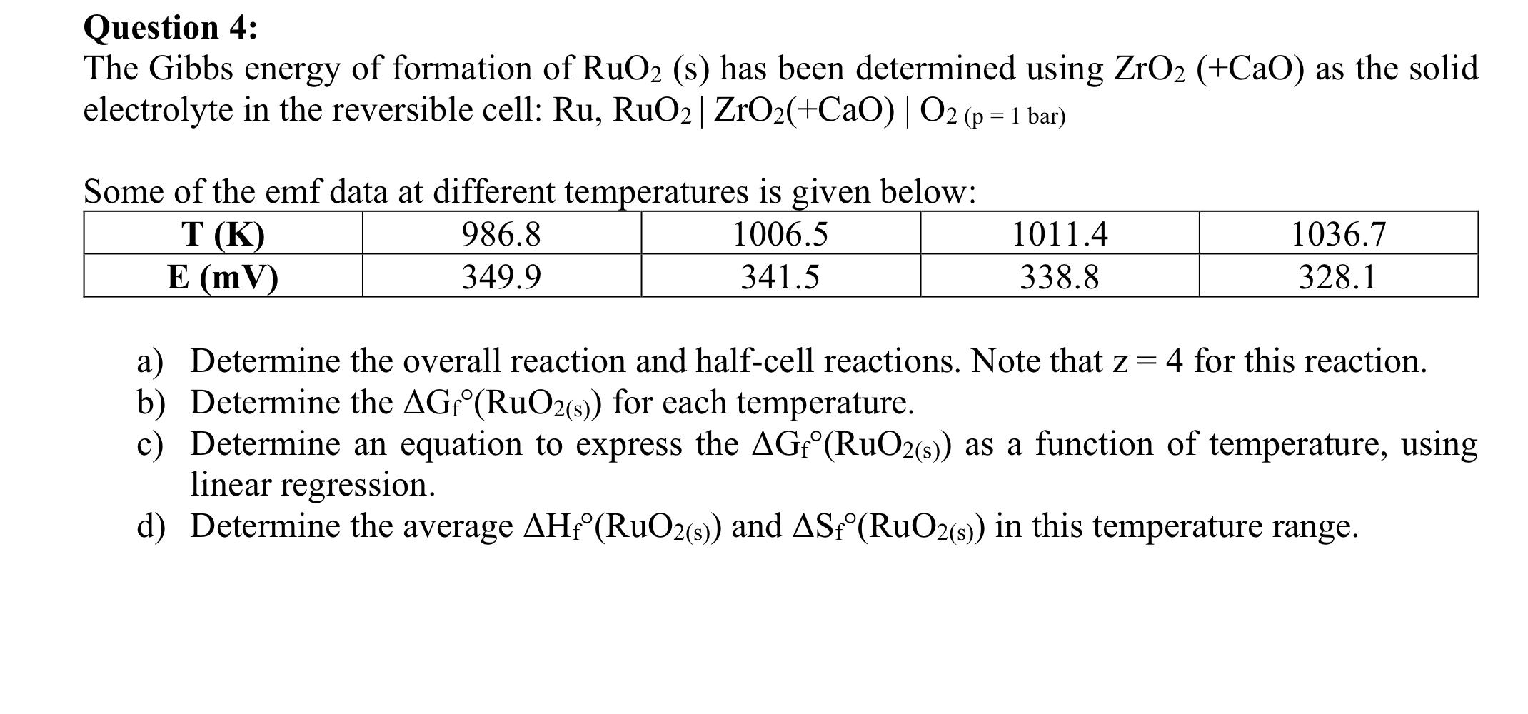 Question 4: The Gibbs energy of formation of RuO2 (s) | Chegg.com