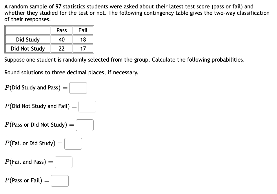 Solved A random sample of 97 statistics students were asked | Chegg.com