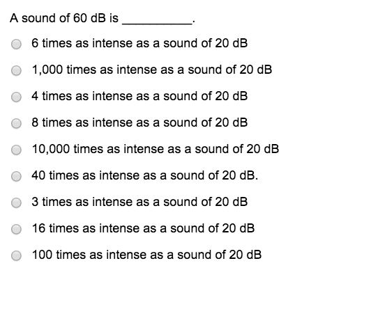 Solved A sound of 60 dB is 16 times as intense as a sound of | Chegg.com